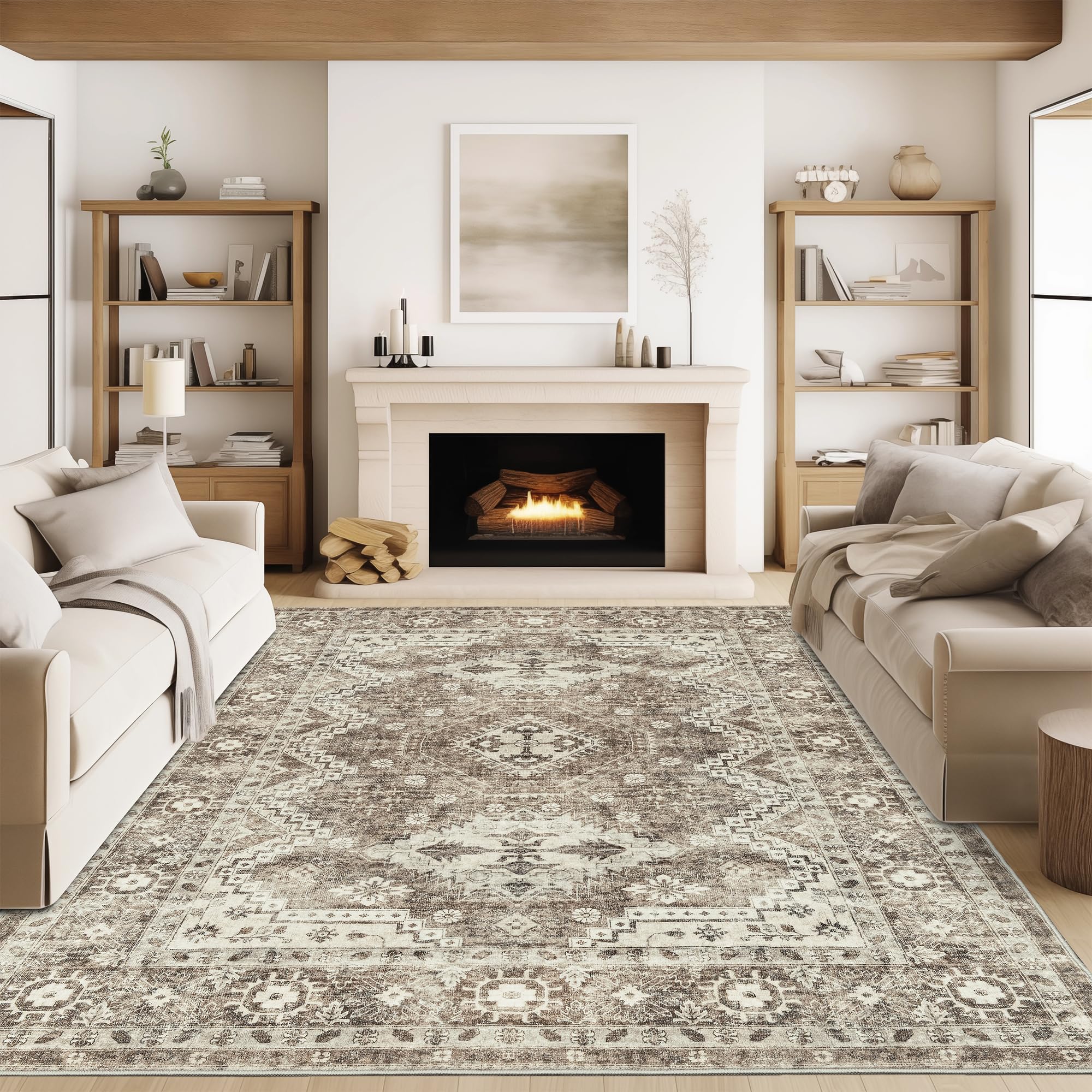 Rugland Area Rug - Stain Resistant Washable Rug, Anti Slip Backing Rugs for Living Room, Vintage Tribal Area Rugs (TPR07-Ivory, 9'x12')
