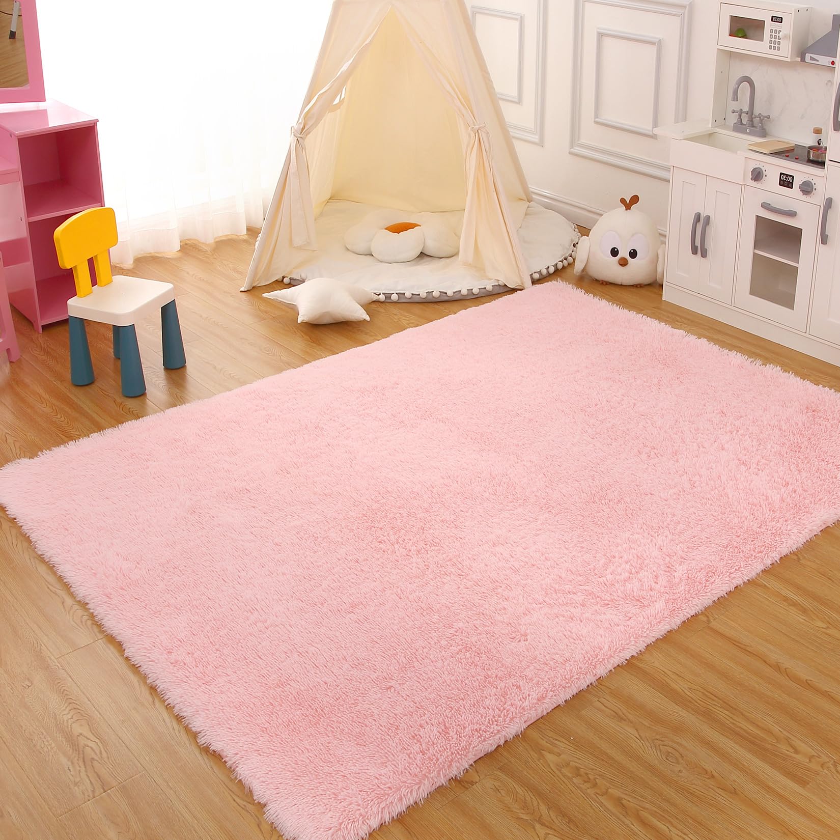 Zacoo Shag Area Rug 9x12 Large Soft Fluffy Shaggy Rugs for Bedroom Living Room Non Slip Modern Furry Floor Carpet Faux Fur Fuzzy Throw Mat for Nurery Kids Girls Room Decor, Pink