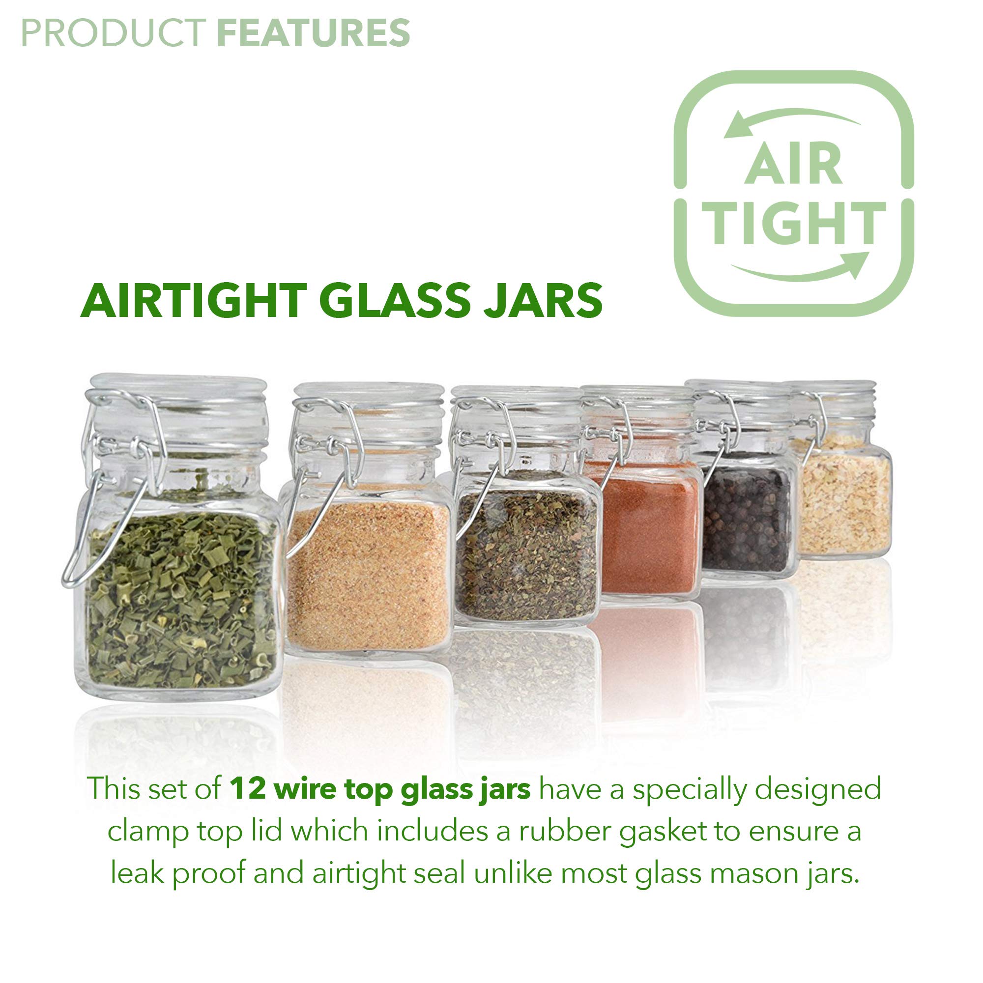 (3 oz) Small Square Glass Jars with Airtight Round Lids, Empty Spice Containers with Labels, Leak Proof Rubber Gasket and Hinged Lid, Chalkboard Label & Marker Included, For Home or Kitchen (12 Pack)