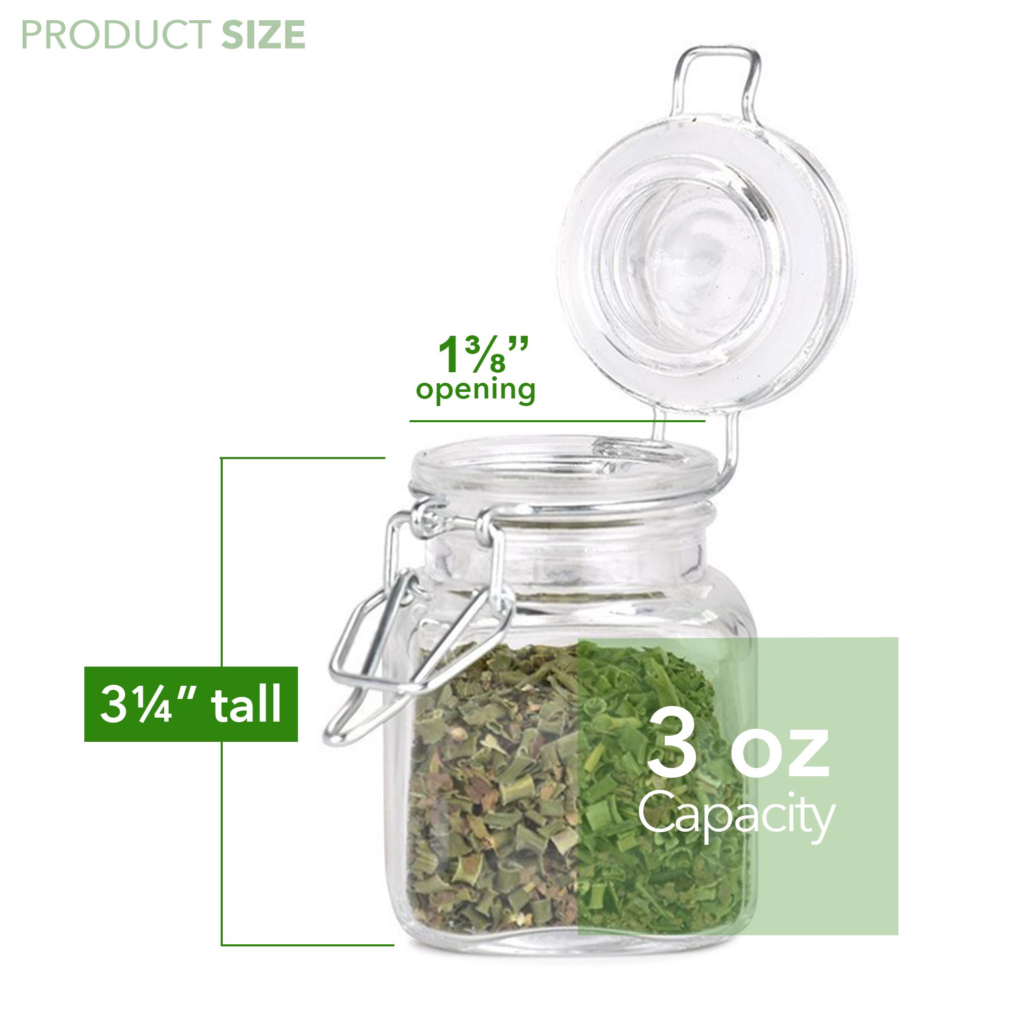 (3 oz) Small Square Glass Jars with Airtight Round Lids, Empty Spice Containers with Labels, Leak Proof Rubber Gasket and Hinged Lid, Chalkboard Label & Marker Included, For Home or Kitchen (12 Pack)