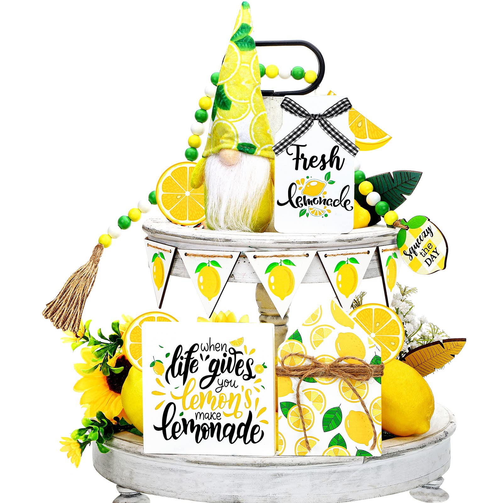 10 Pcs Tiered Tray Decor Fresh Wooden Tiered Try Decor Kitchen Decor Signs Wood Standing Sign Farmhouse Bead Garland Banner for Summer Peach Lemon Watermelon Strawberry Cherry Decor (Fresh Lemon)