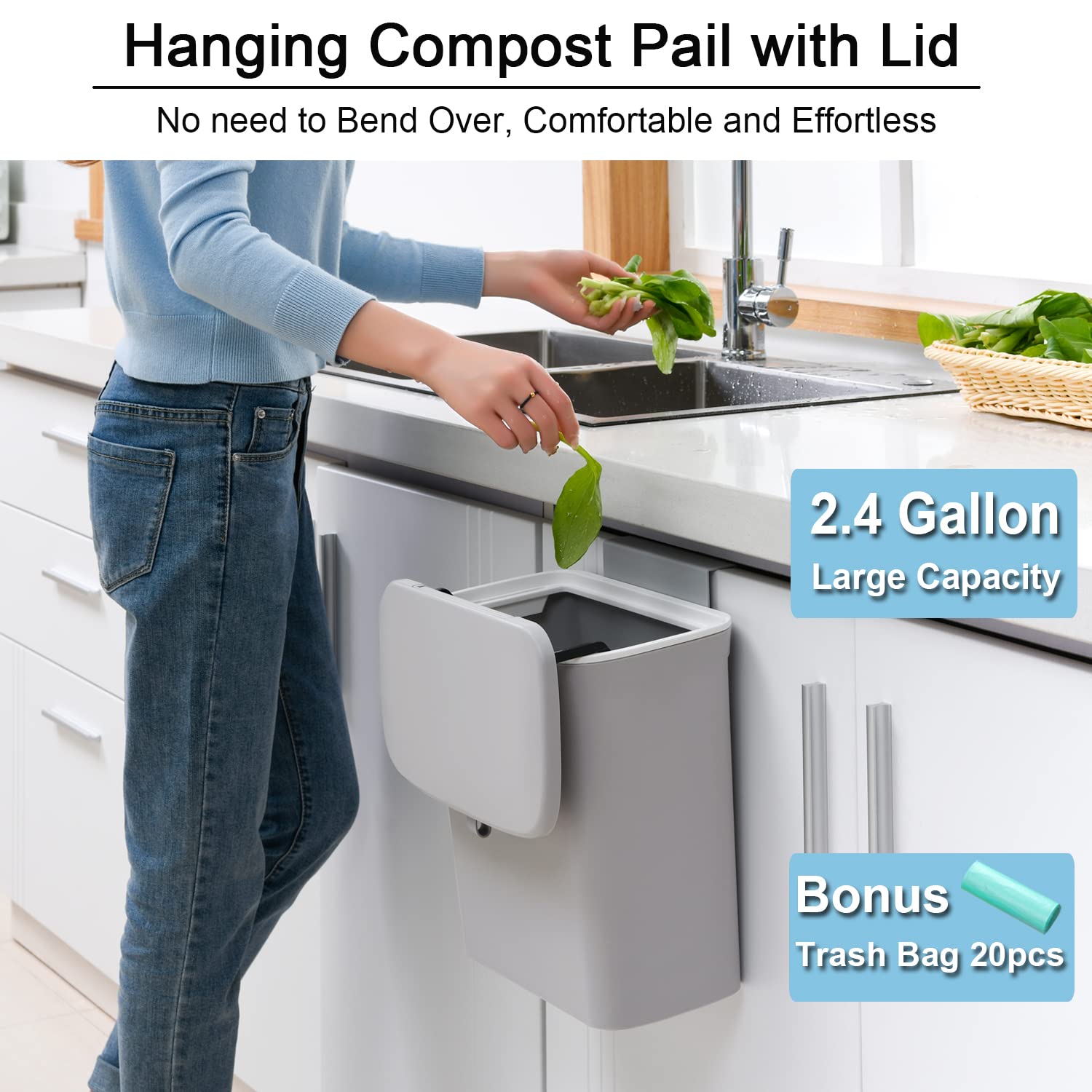 Tiyafuro 2.4 Gallon Kitchen Compost Bin for Counter Top or Under Sink, Hanging Small Trash Can with Lid for Cupboard/Bathroom/Bedroom/Office/Camping, Mountable Indoor Compost Bucket, Gray