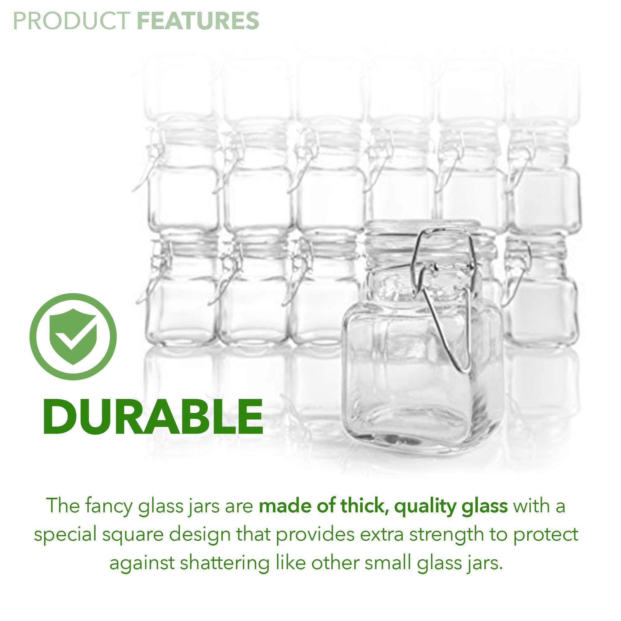 (3 oz) Small Square Glass Jars with Airtight Round Lids, Empty Spice Containers with Labels, Leak Proof Rubber Gasket and Hinged Lid, Chalkboard Label & Marker Included, For Home or Kitchen (12 Pack)
