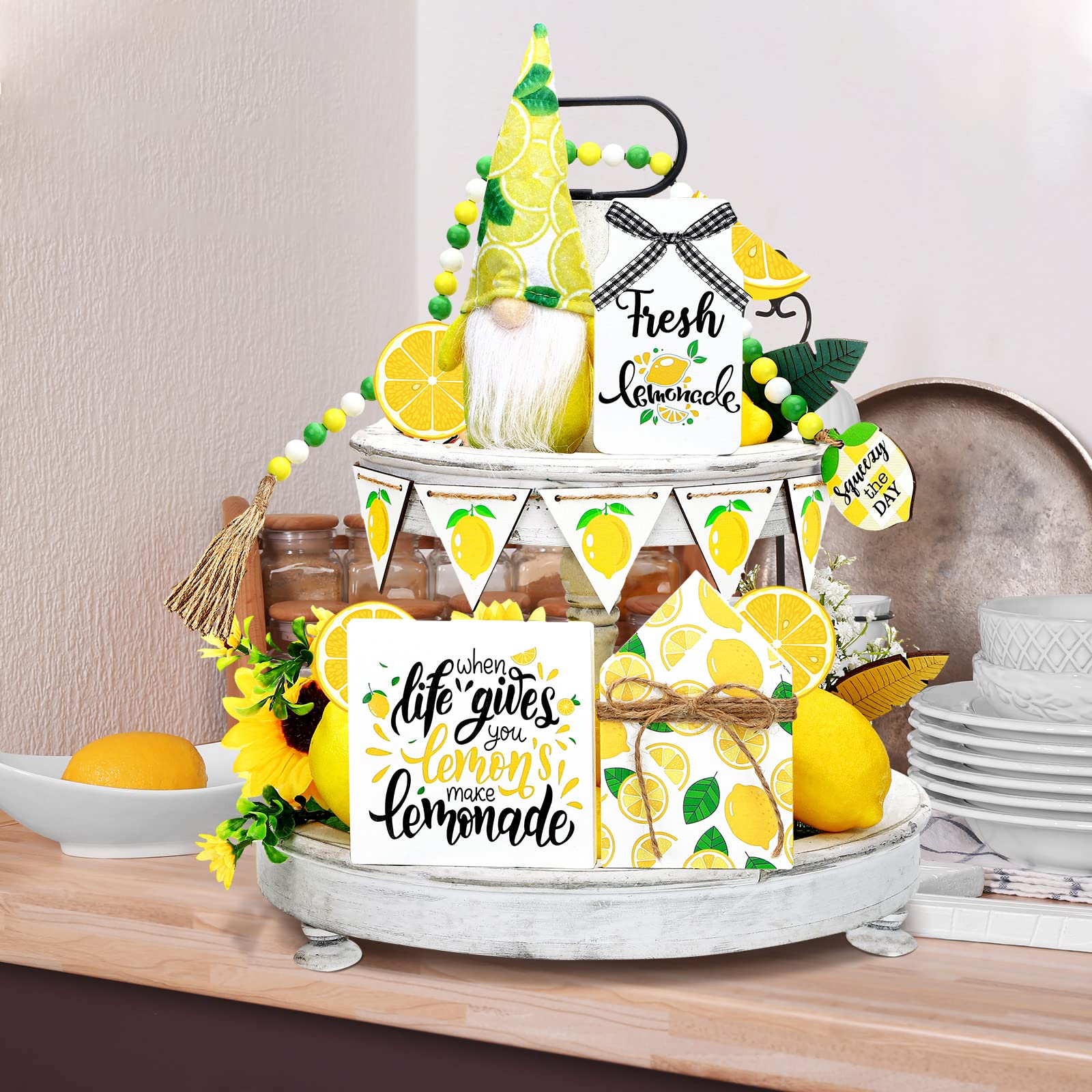 10 Pcs Tiered Tray Decor Fresh Wooden Tiered Try Decor Kitchen Decor Signs Wood Standing Sign Farmhouse Bead Garland Banner for Summer Peach Lemon Watermelon Strawberry Cherry Decor (Fresh Lemon)