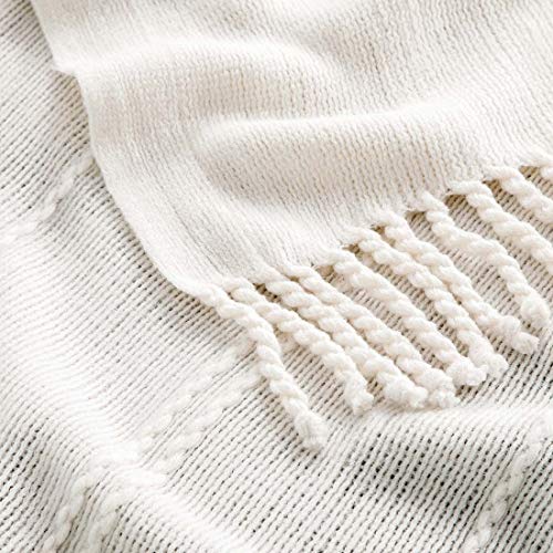 Revdomfly Knitted Throw Blanket White Farmhouse Woven Blankets with Fringe Tassels for Couch Bed, 47" x 67", White