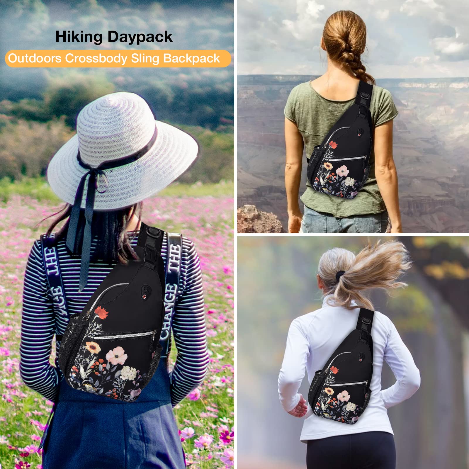 MOSISO Sling Backpack, Multipurpose Travel Hiking Daypack Garden Flowers Rope Crossbody Shoulder Bag, Black
