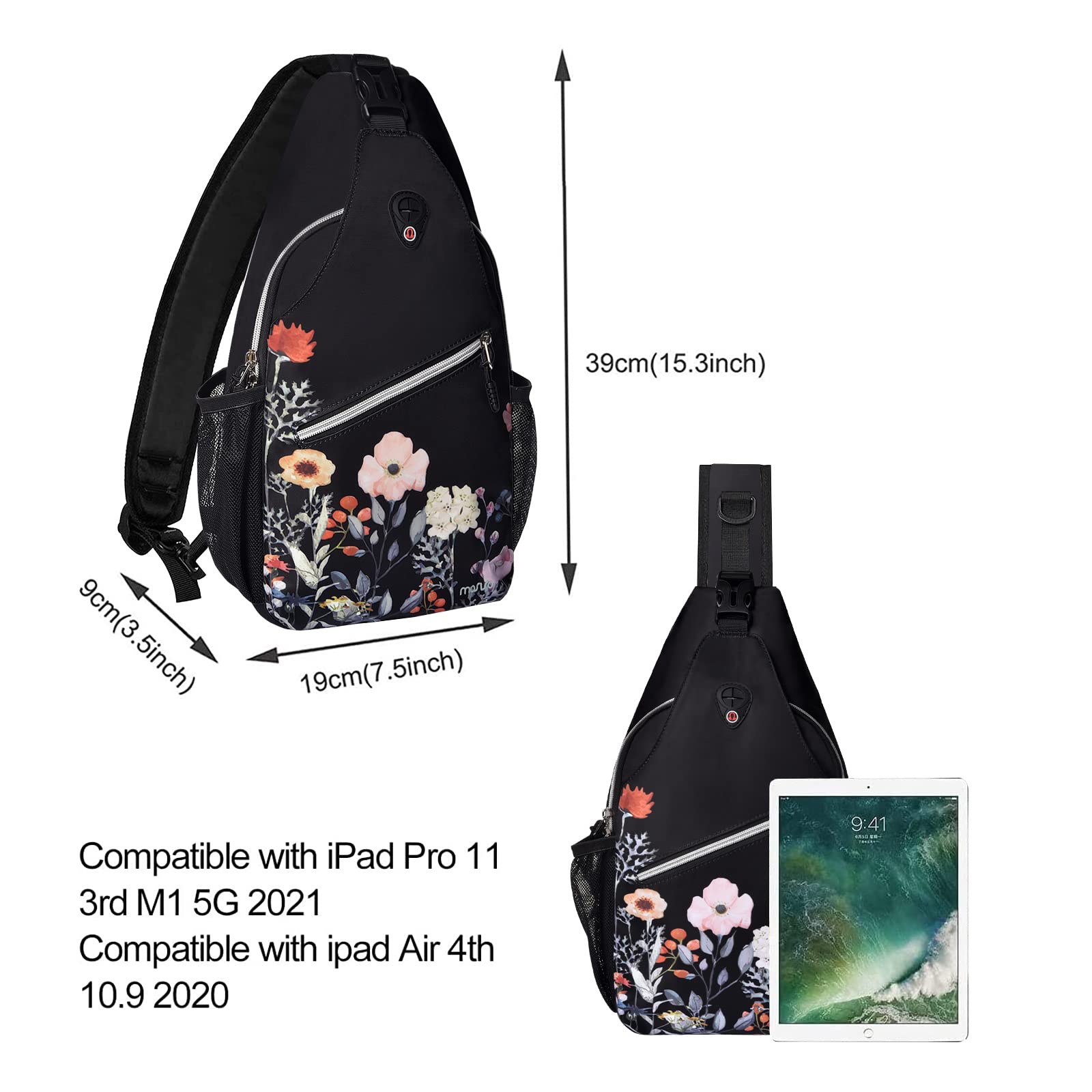 MOSISO Sling Backpack, Multipurpose Travel Hiking Daypack Garden Flowers Rope Crossbody Shoulder Bag, Black