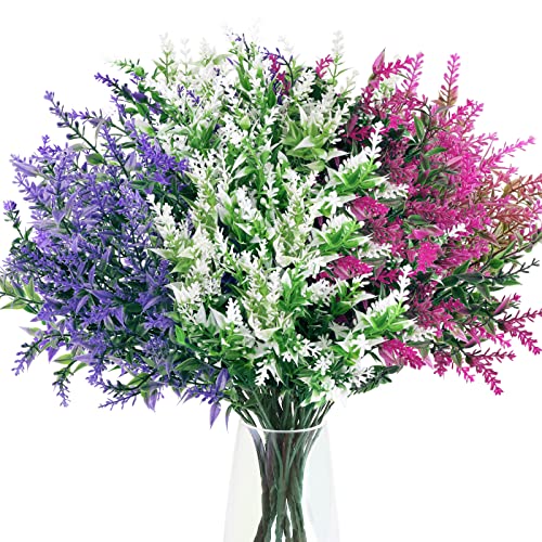 WXBOOM 9pcs Artificial Flowers UV Resistant Faux Plastic Flower Outdoor Fake Lavender Flowers in Bulk Outside Garden Porch Window Hanging Planters Decoration (Purple, White, Magenta)