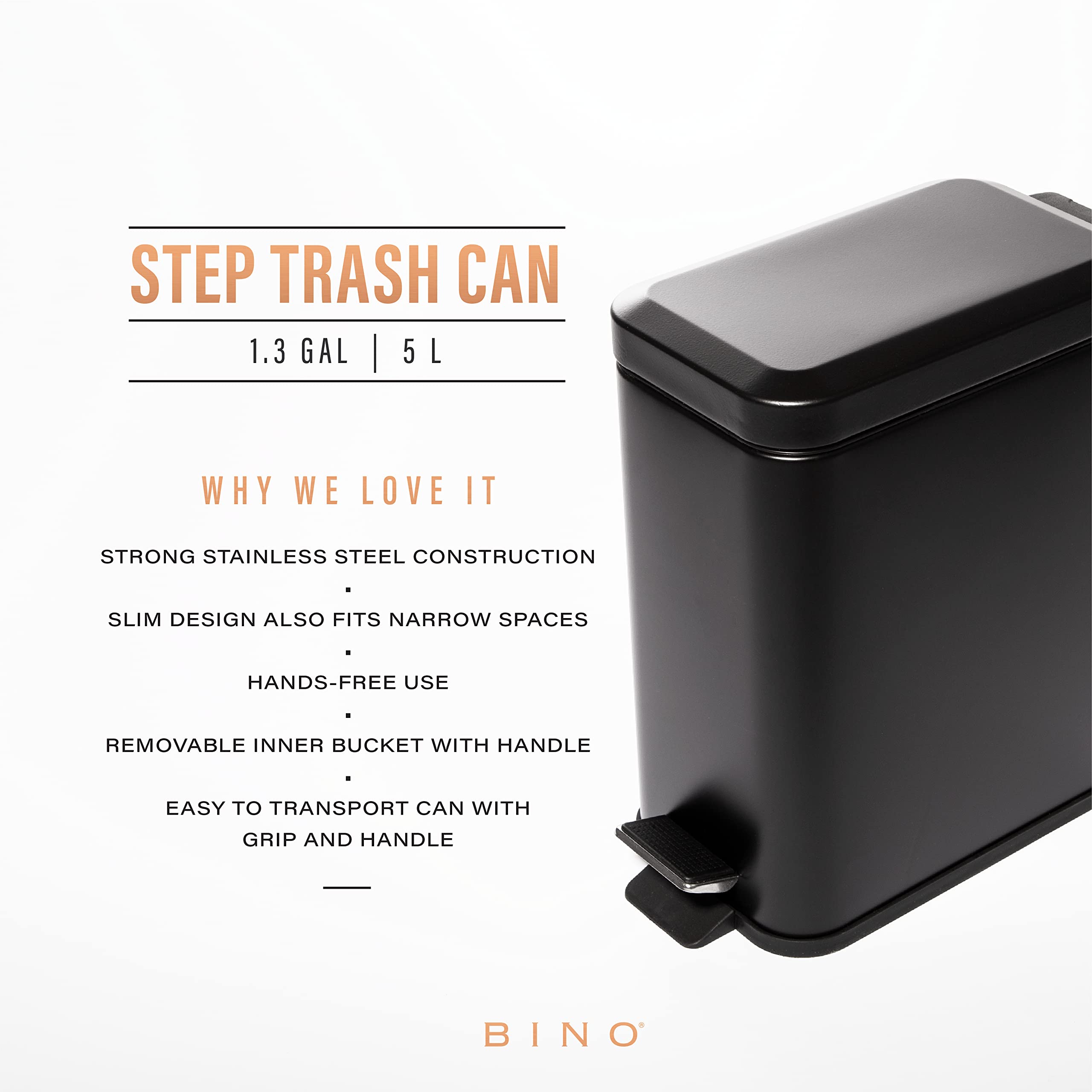 BINO | Rectangular Step Trash Can | 1.3 Gallon/5 Liter Stainless Steel Trash Can with Lid | Home or Office Bathroom Trash Cans with Lids | Kitchen Garbage Can with Non-Slip Stepper | Matte Black