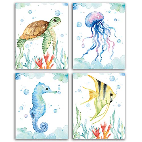 SUUURA-OO Texture of Dreams Watercolor Sea marine life Art Print Set of 4 (8”X10”), Sea Turtle Seahorse fish Wall Poster, Blue Ocean Theme Baby Nursery Kids Room Wall Decor