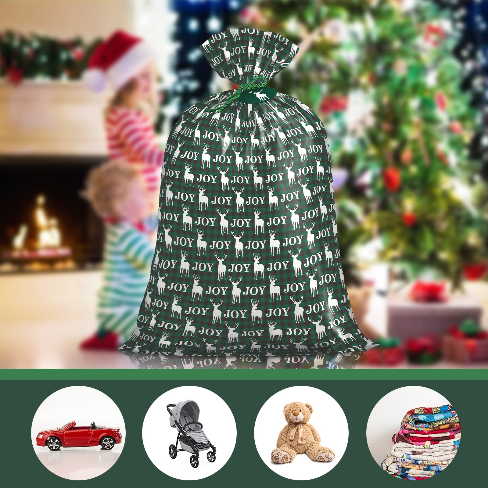 Loveinside Jumbo Large Plastic Gift Bag, Christmas Design Plastic Bag with Tag and Tie for Holiday - 56" x 36", 1 Pcs - Green Reindeer