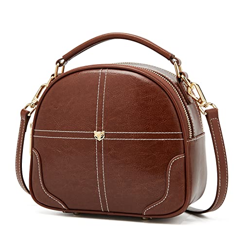 Small Leather Handbags for Women, Genuine Leather Ladies Mini Top-handle Zipper Bags with 2 Type Adjustable Shoulder Strap Women's Fashion Messenger Chain Bags Girls Casual Compact Satchel (Brown)