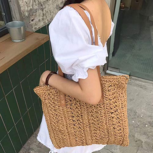 Meyaus Women Large Straw Woven Shoulder Bag Bohemian Beach Travel Top-handle Bag Tote