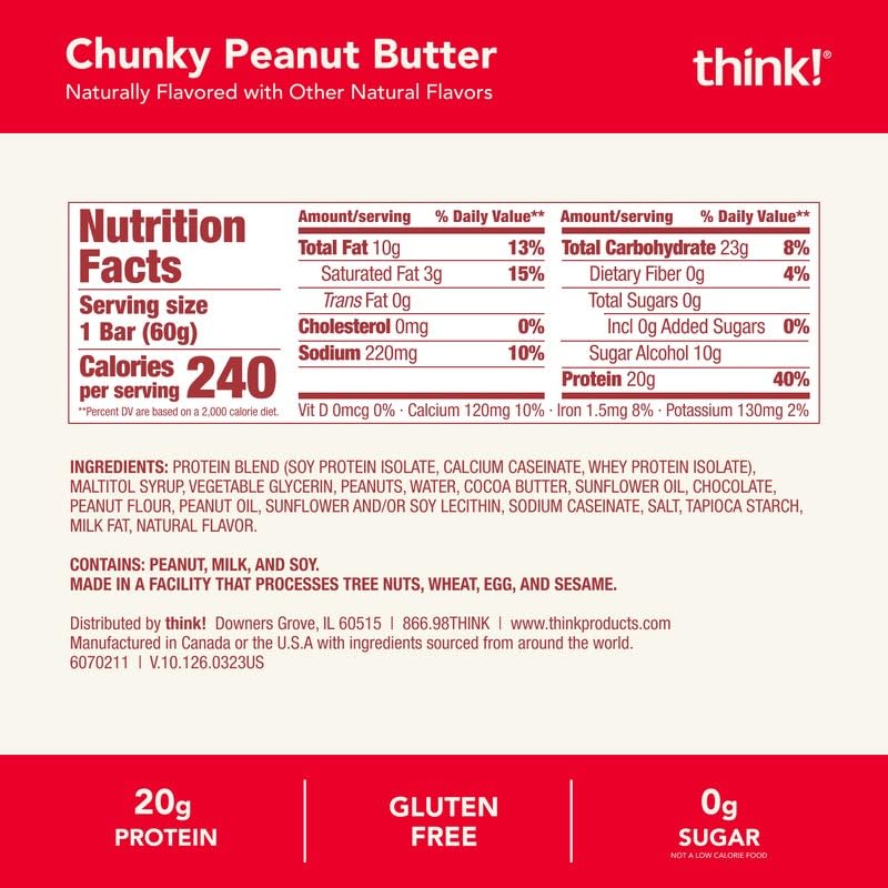 think! Protein Bars, High Protein Snacks, Gluten Free, Kosher Friendly, Chunky Peanut Butter, Nutrition Bars, 2.1 Oz per Bar, 10 Count (Packaging May Vary)