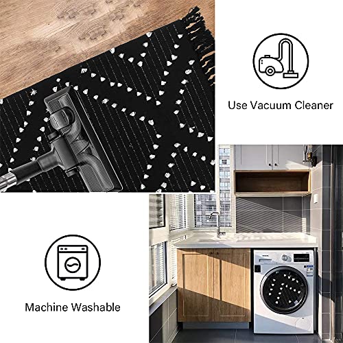 Boho Cotton Bathroom Rugs 2' x 3', Black and White Small Woven Bath Mats with Tassels, Soft Washable Geometric Kitchen Rug Decorative Floor Carpets for Laundry Room Entryway Indoors