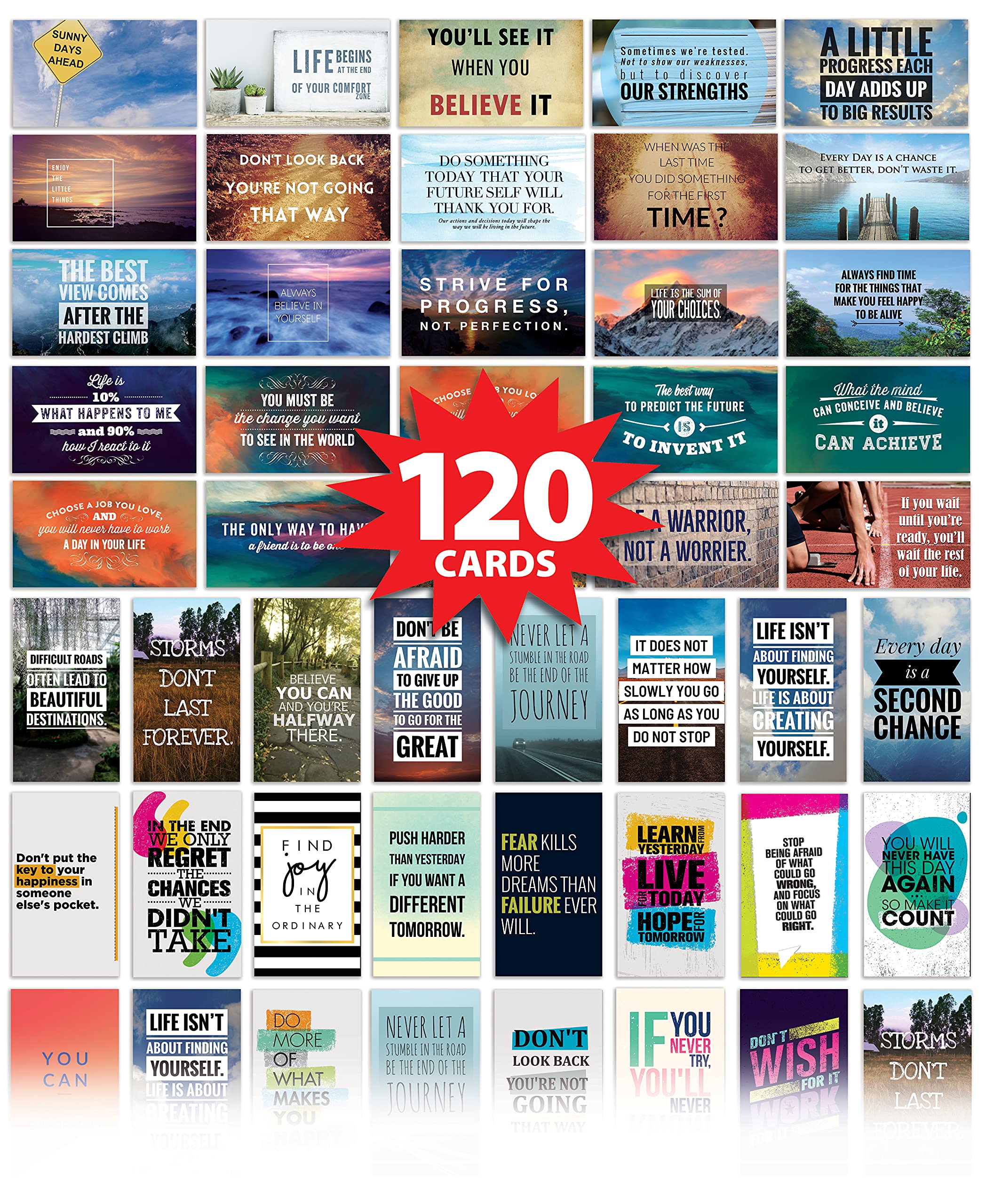 Better Office Products Motivation Inspiration Affirmation Cards, 120 Pack, 2 Each of 60 Unique Assorted Designs, Encouragement Card Deck, 2" x 3.5" (Business Card Size)