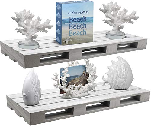 Sorbus Floating Pallet Shelves - Set of 2 - Rustic Farmhouse Wall Mount Ledge Storage Shelf Organizer - for Home Décor, Living Room, Bathroom, Bedroom, Nursery – 9.25" D x 23.62" W x 1.75" H – Grey