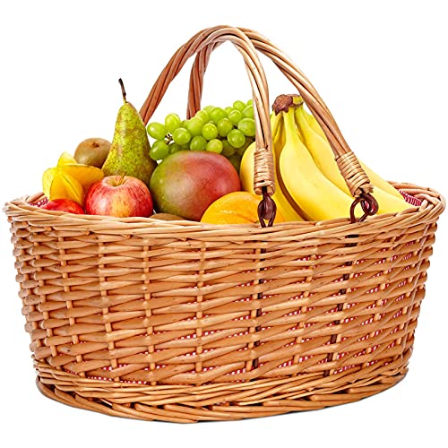 TwentyNext Wicker Picnic Basket with Double Folding Handles, Natural Large Willow Hamper Empty Basket Cheap Easter Eggs Candy Storage Wine Basket for Toy, Flower, Wedding Gifts(Red Stripe L)