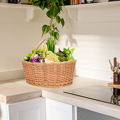 TwentyNext Wicker Picnic Basket with Double Folding Handles, Natural Large Willow Hamper Empty Basket Cheap Easter Eggs Candy Storage Wine Basket for Toy, Flower, Wedding Gifts(Red Stripe L)