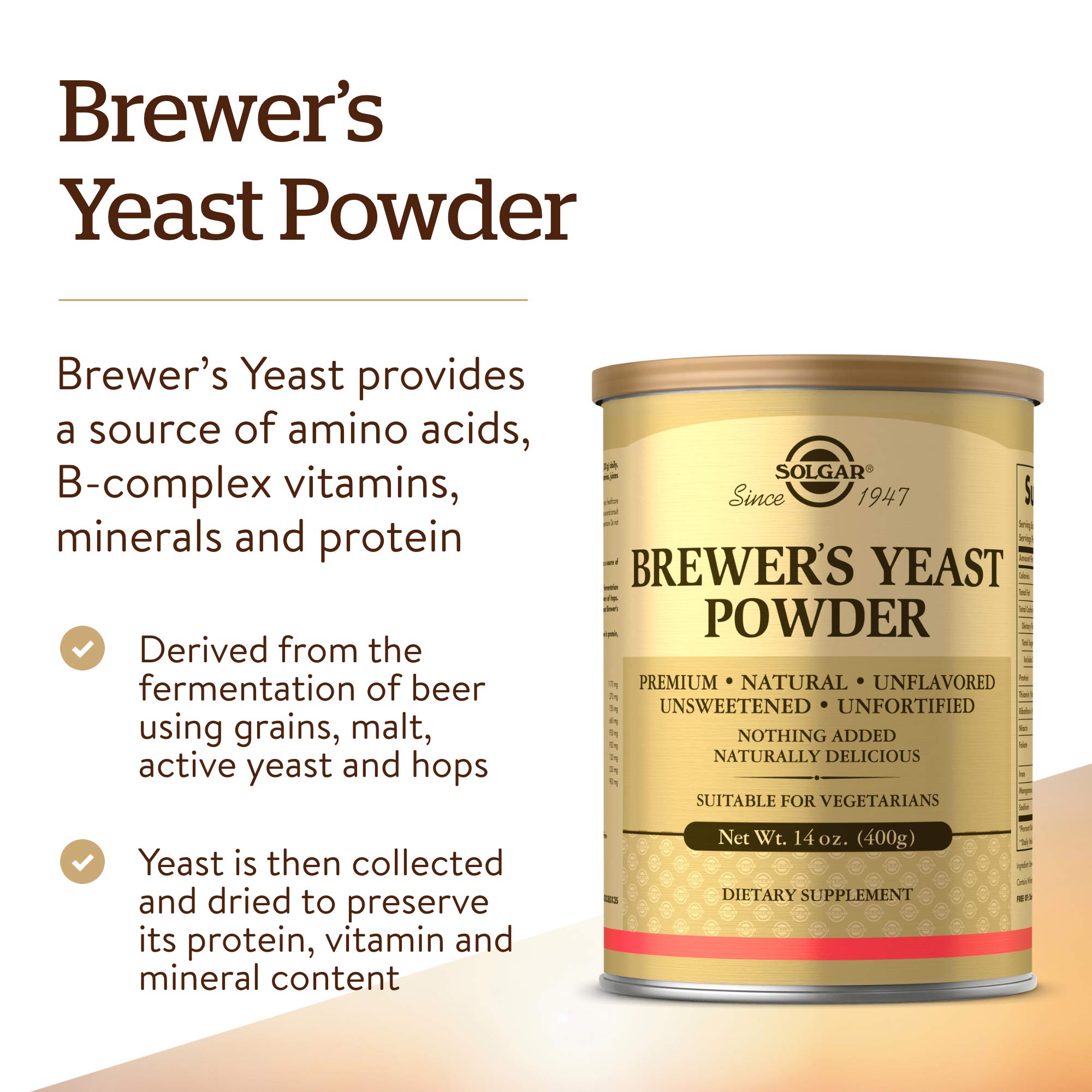 Solgar Brewer's Yeast Powder, 14 oz - Rich Source of Amino Acids, B-Complex Vitamins, Minerals, & Protein - Natural, Unflavored, Unsweetened - Dairy Free, Vegetarian - 13 Servings (Packaging may vary)
