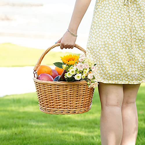 TwentyNext Wicker Picnic Basket with Double Folding Handles, Natural Large Willow Hamper Empty Basket Cheap Easter Eggs Candy Storage Wine Basket for Toy, Flower, Wedding Gifts(Red Stripe L)