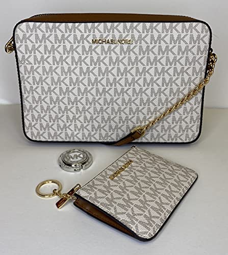 Michael Kors MICHAEL Michael Kors Jet Set Travel Large EW Crossbody bundled with SM TZ Coinpouch Wallet Purse Hook (Signature MK Vanilla)