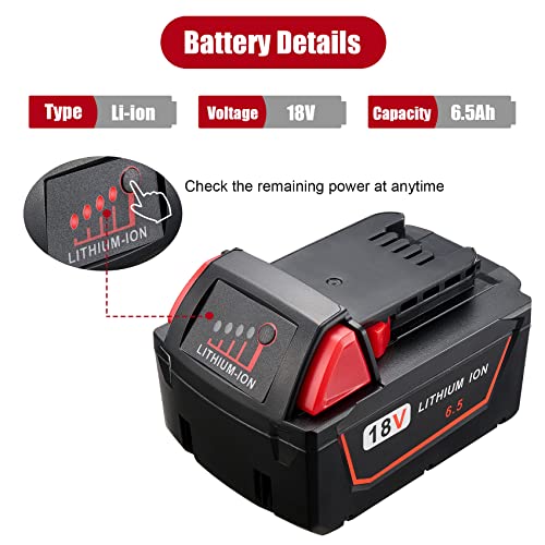 KUNLUN 2Pack 6.5Ah M 18 Lithium Battery for Milwaukee M18 18V Battery High Output 18-Volt Battery Pack 48-11-1850 48-11-1852 48-11-1862 48-11-1860 48-11-1828 48-11-1815 48-11-1822 Batteries