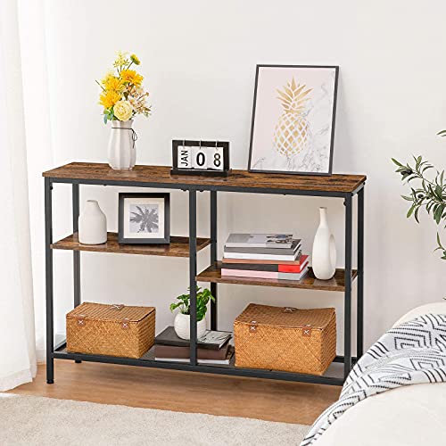 HOOBRO 43.3” Console Table, 4-Tier Industrial Bookshelf, Narrow Entryway Table, Sofa Table, Bookcase, Storage Shelf, Entrance Table, Hallway, Living Room, Bedroom, Rustic Brown BF28XG01