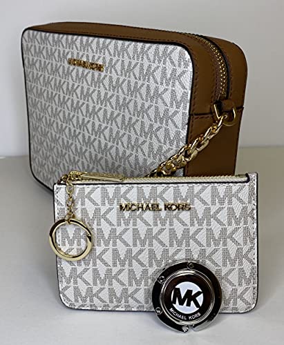 Michael Kors MICHAEL Michael Kors Jet Set Travel Large EW Crossbody bundled with SM TZ Coinpouch Wallet Purse Hook (Signature MK Vanilla)