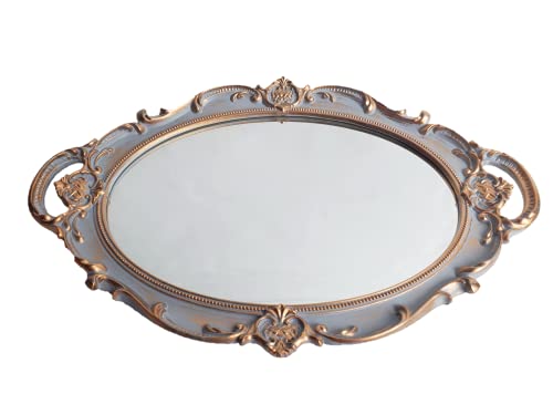 Schonee Oval Vintage Decorative Mirror Tray, Jewelry Dresser Organizer Tray, Cosmetics Makeup Storage Organizer, Serving Tray (9.8”x 14.6”) Gray