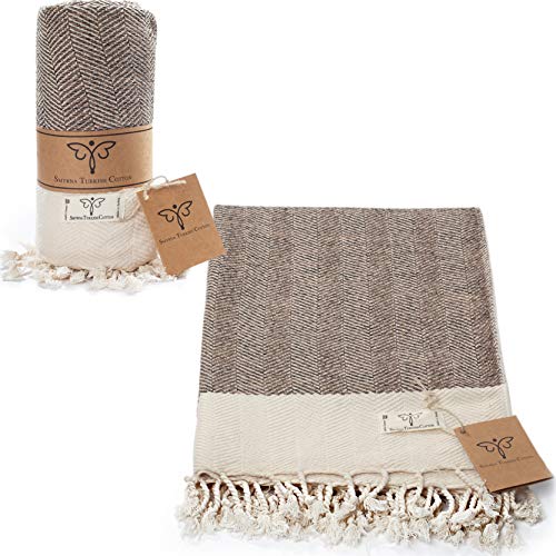Smyrna Original Turkish Throw Blanket Herringbone Series | 100% Cotton, 50 x 60 Inches | Vintage Boho Throw Blankets for Couch, Sofa, Farmhouse and Home Decor | Lightweight and Super Soft (Latte)