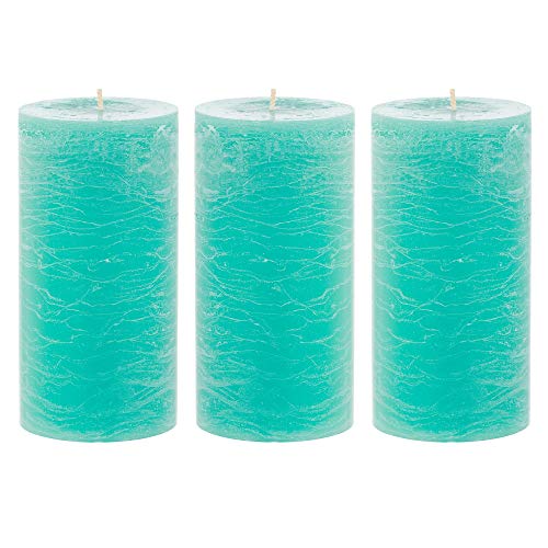 Unscented 3x6 Tall Pillar Candles – Set of 3 Hand Poured Turquoise Wax Candles | Smokeless, Clean Burning Décor for Home, Weddings, Church, Events | Sea Breeze Blue