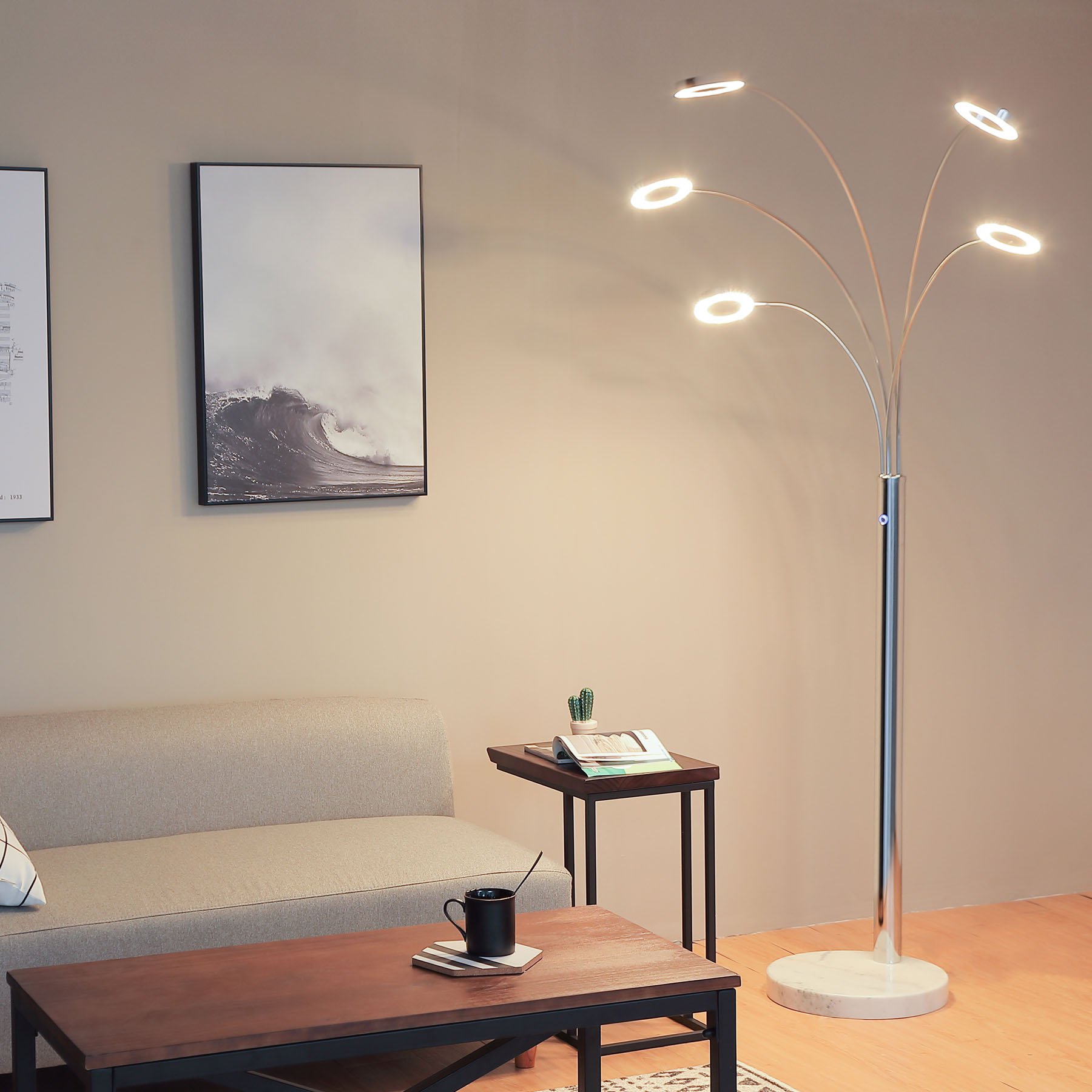 VONLUCE Bright LED Floor Lamp with 5 Lights, Modern Dimmable Task Standing Light Fixture with Stable Marble Base for Living Room Office, Contemporary Touch Arch Pole Lamp with Five Adjustable Heads