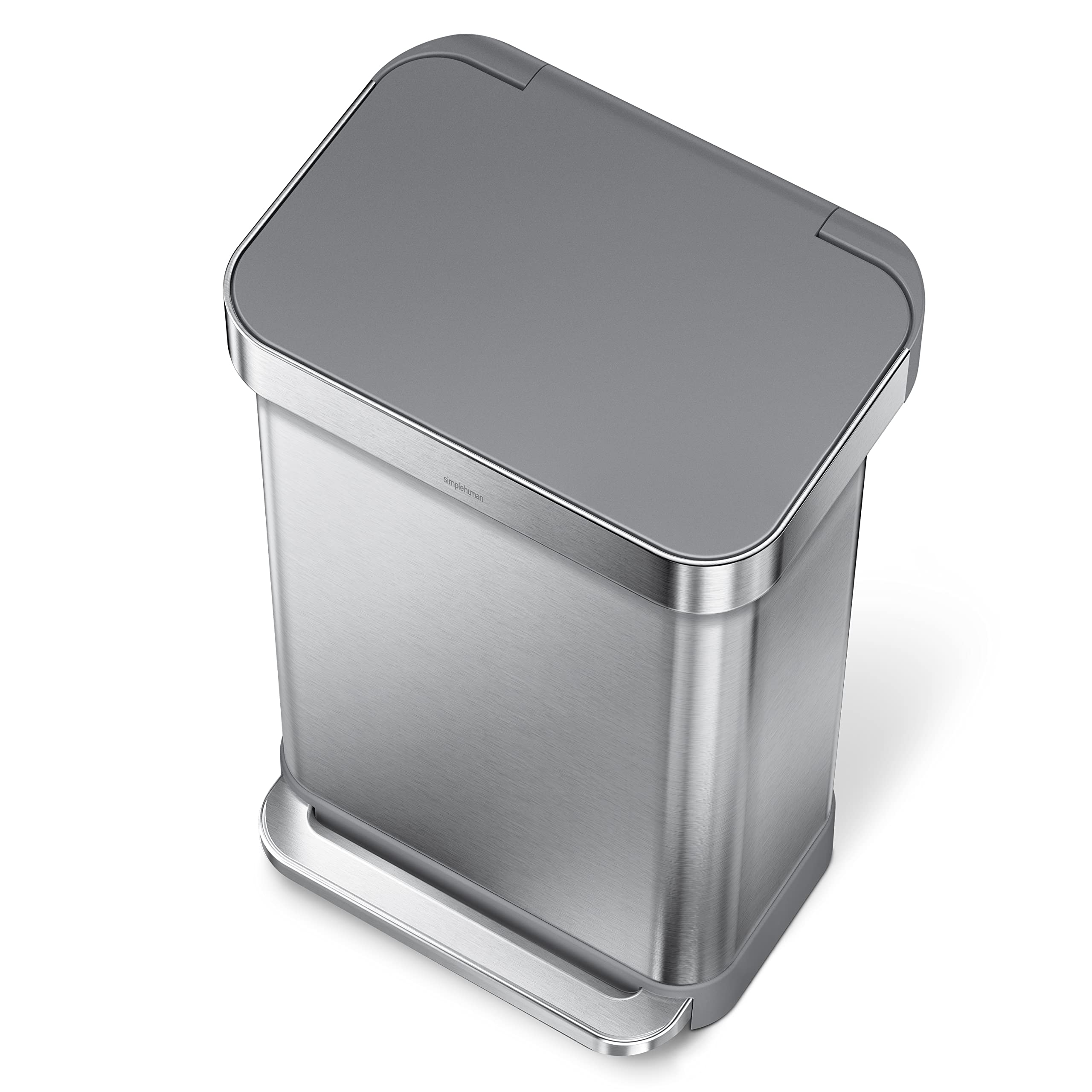 simplehuman 45 Liter / 12 Gallon Liter Rectangular Hands-Free Kitchen Step Trash Can with Soft-Close Lid, Brushed Stainless Steel with Plastic Lid