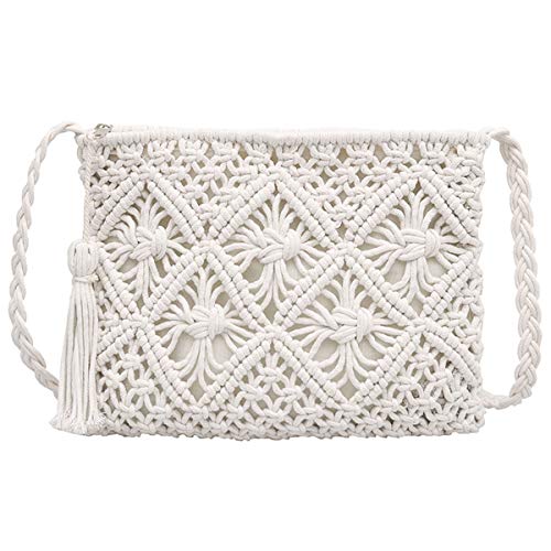 Meyaus Women Small Fringed Cotton Crochet Cross-body Shoulder Bag Bohemian Beach Travel Purse