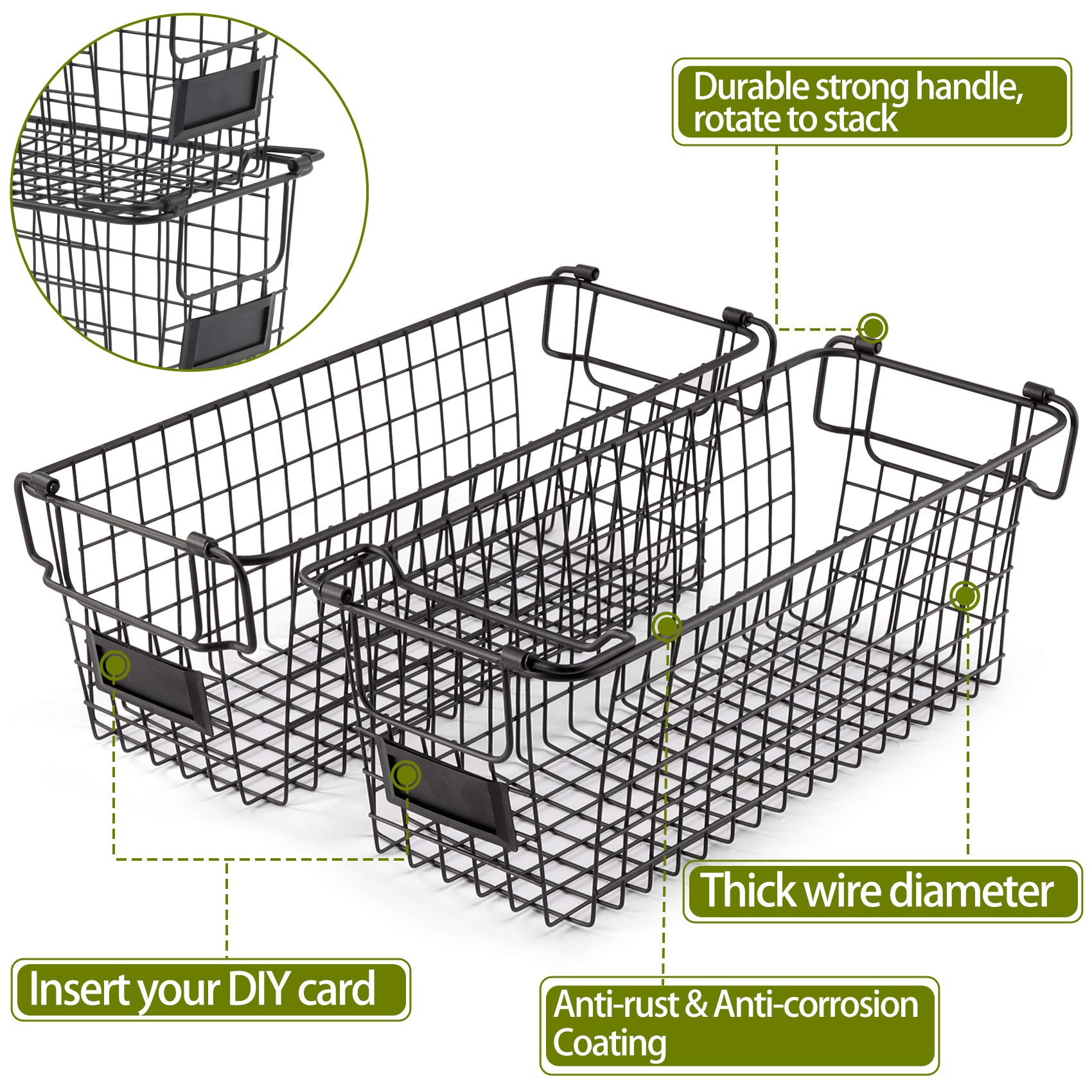 4 Pack [ XL Large ] STACKABLE Wire Baskets for Organizing - Pantry Storage and Organization Metal Bins for Produce, Food, Fruit - Kitchen Bathroom Closet Cabinet, Countertop, Under Sink Organizer