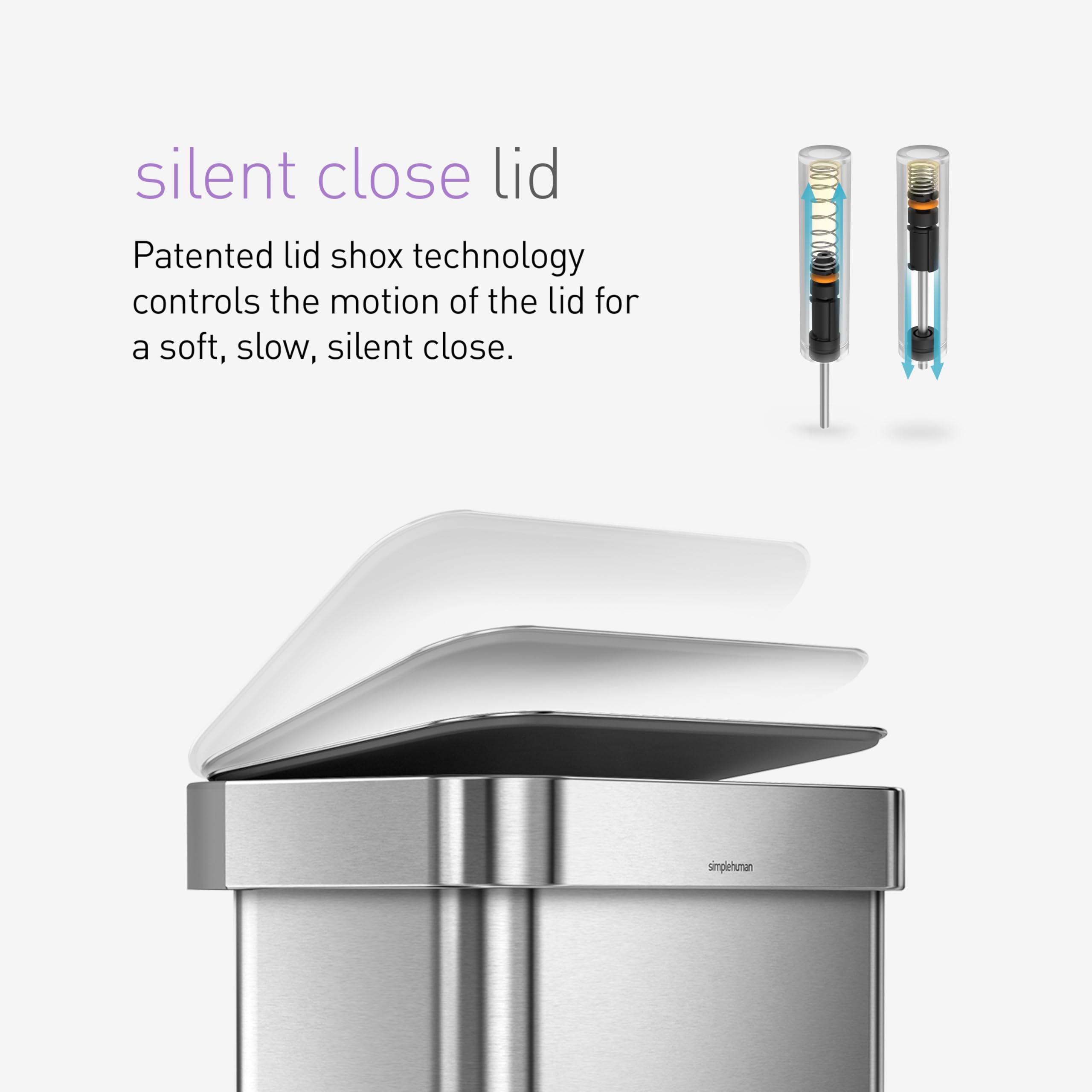 simplehuman 45 Liter / 12 Gallon Liter Rectangular Hands-Free Kitchen Step Trash Can with Soft-Close Lid, Brushed Stainless Steel with Plastic Lid