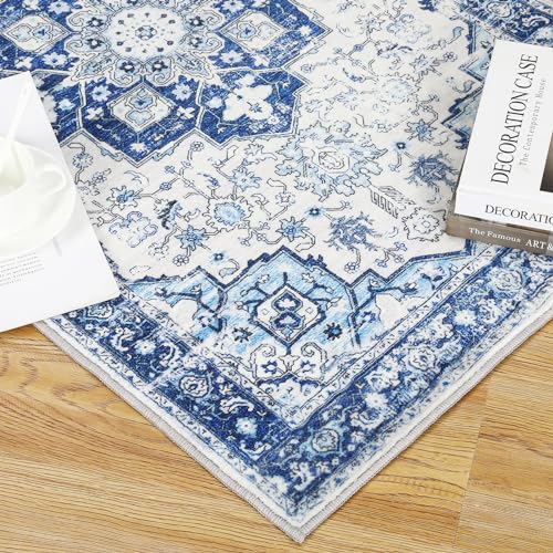 GlowSol Washable Area Rug 9x12 Boho Floral Non-Slip Rugs Vintage Low Pile Carpet Medallion Rugs for Living Room Bedroom Dining Room Office,9x12