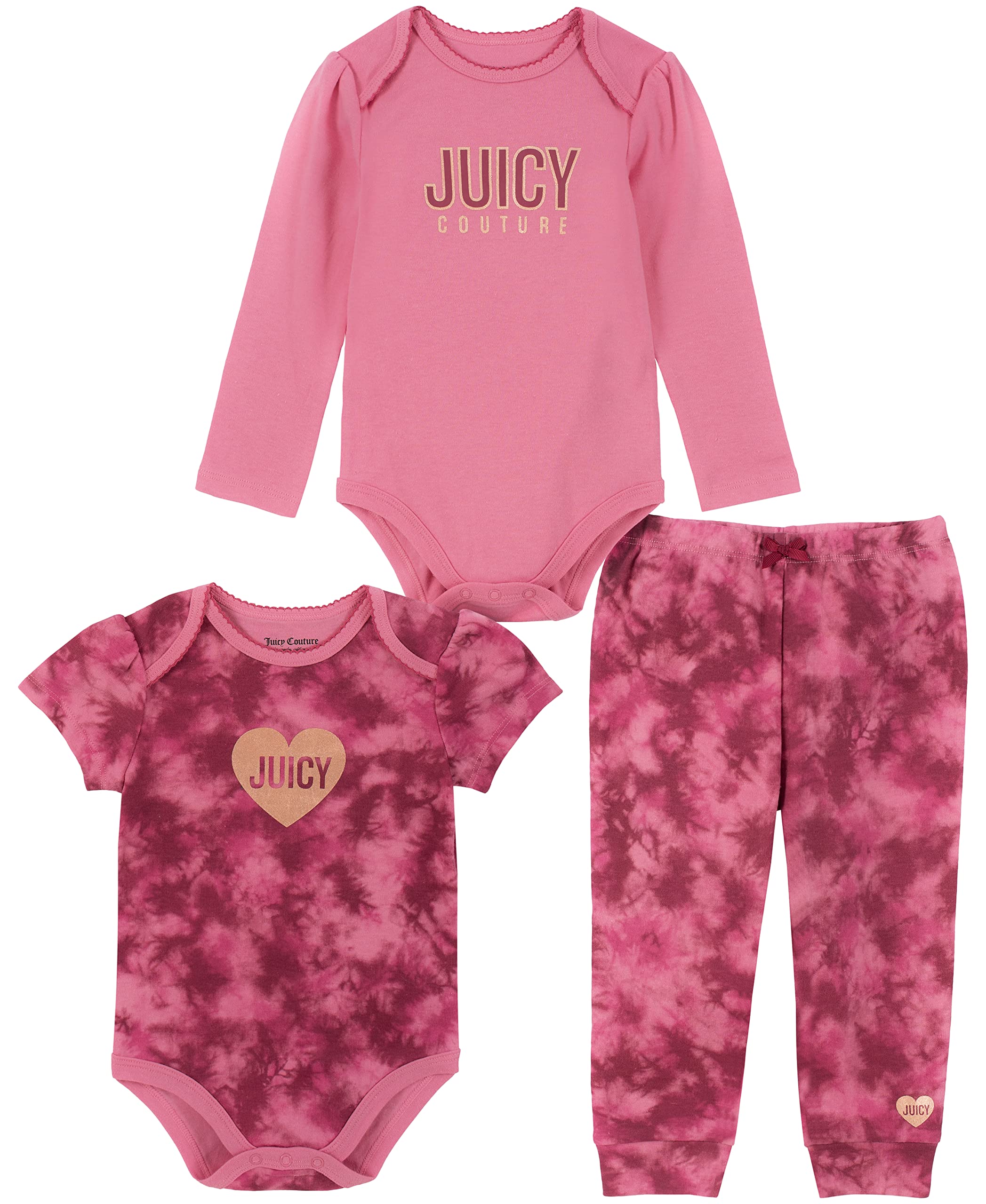 Juicy Couture Baby Girls 3 Pieces Bodysuits Pant Baby and Toddler Layette Set, Cashmere Rose/Berry Red, 12M US
