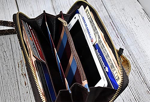 TIME WARRIOR Women's Wallet DA RFID Blocking Leather Zip Around Designer Wallets Large Phone Holder Clutch Travel Purse Wristlet Women Wallets (Brown & Gold)