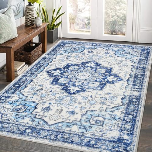 GlowSol Washable Area Rug 9x12 Boho Floral Non-Slip Rugs Vintage Low Pile Carpet Medallion Rugs for Living Room Bedroom Dining Room Office,9x12