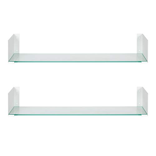 Kate and Laurel Rodi Modern Glass and Metal Shelf Set, Set of 2, White, Floating Book Shelves for Wall