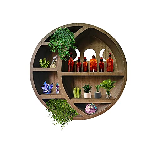 KuteDecor, Crescent Moon Shelf for Crystals , Wiccan Shelf, Crystal Shelf Display, Crystals Decor, Essential Oils Shelves Wooden, Crystal Wall Shelf, Moon Phase (Brown)