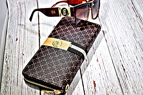 TIME WARRIOR Women's Wallet DA RFID Blocking Leather Zip Around Designer Wallets Large Phone Holder Clutch Travel Purse Wristlet Women Wallets (Brown & Gold)