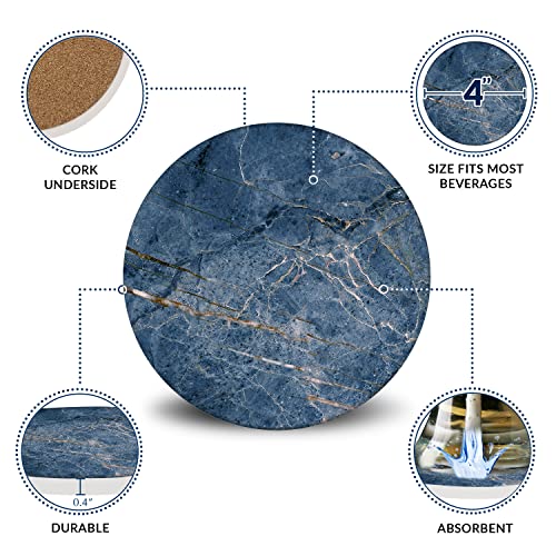 Emerson 100% Ceramic Coasters for Drinks Absorbent – Coffee Table Set of 6 with Holder, Wooden Tabletop Protection Marble Style - 4” Inch Non-Slip & Cork Bottom - Heavy Duty Drink Coasters (Ocean)