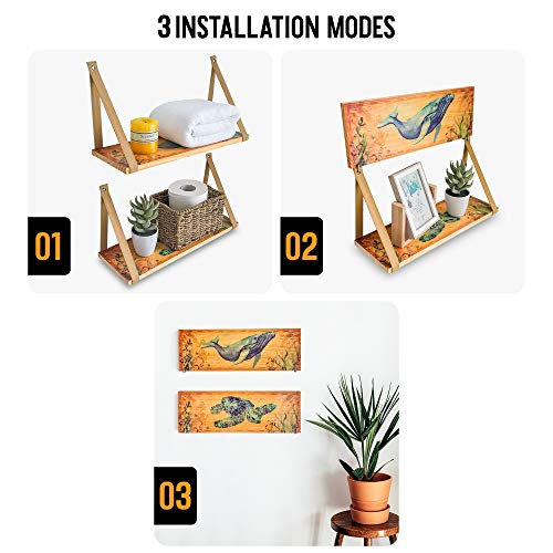 GADNIA Set of 2 Floating Shelves Wall Mounted | Aquatic World Wall Decor Hanging Shelf | Solid Wood Wall Display Shelves for Bathroom, Living Room, Bedroom, Office | Khaki Fabric Wire