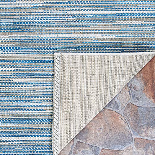 Couristan Monte Carlo Coastal Breeze Ocean Blue- Champagne Indoor/Outdoor Area Rug, 5'10" x 9'2"