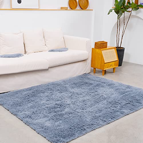 Teochow Dusty Blue Fluffy Rug for Bedroom, Shaggy Area Rugs 5x7 for Living Room, Plush Shag Rug for Girls Kids Room Nursery Cute Home Decor, Dorm Large Furry Rug, Ultra Soft Fuzzy Indoor Floor Carpet