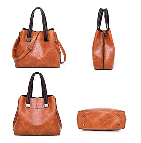 GJGJTER Synthetic PU Leather Tote for Women Simple One-shoulder Portable Messenger Crossbody Hobo Bags 3-piece Set-Brown