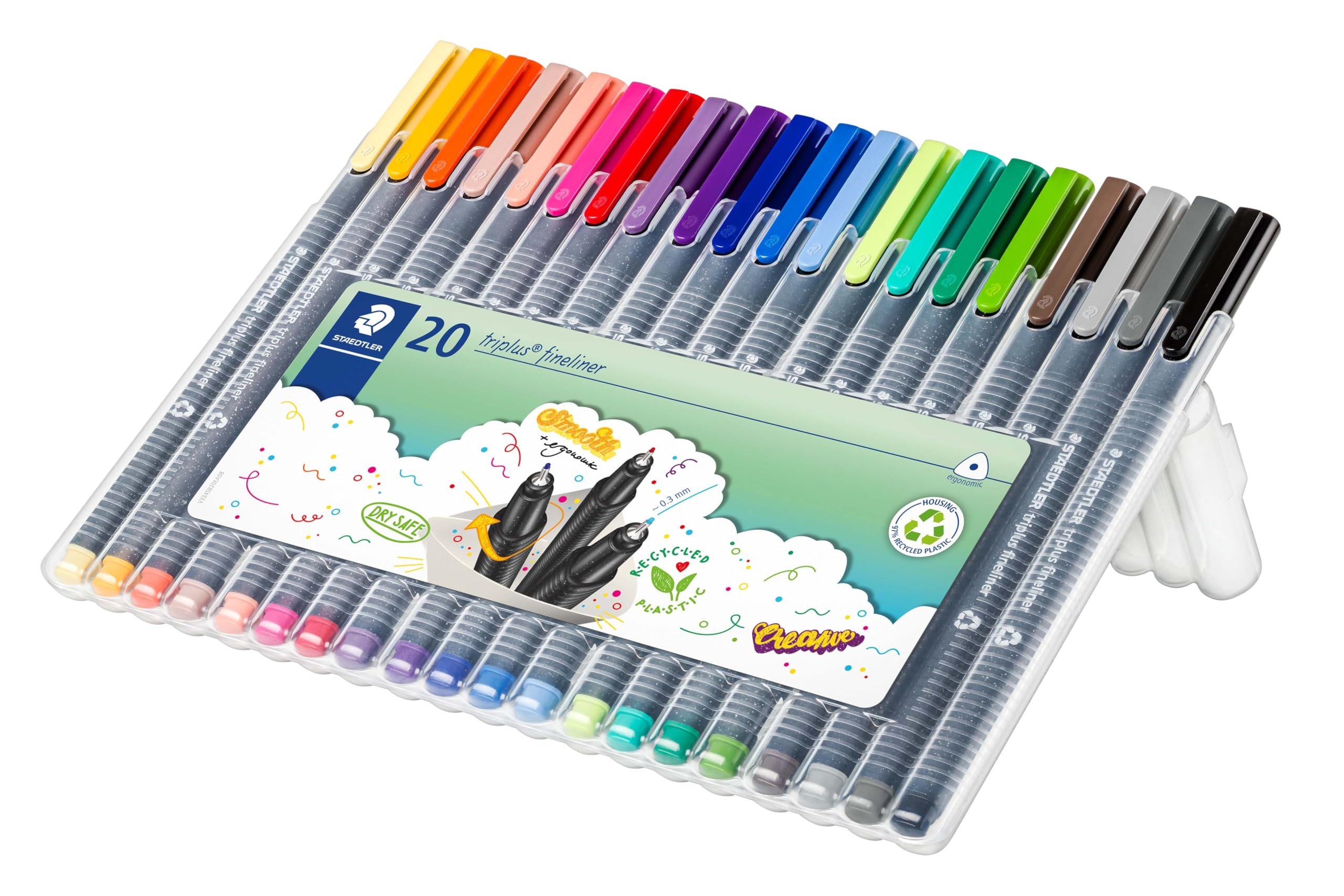 Staedtler Triplus Fineliner Pens, .3mm, Metal Clad Tip, 20-Pack, Assorted (334SB20BK)